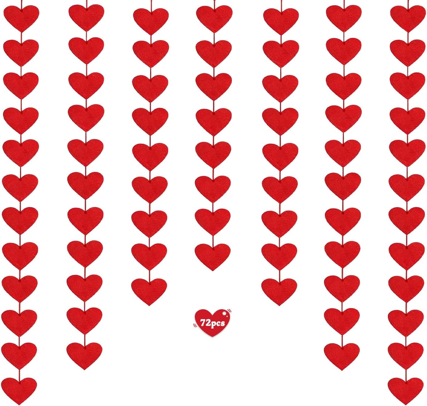 72 Felt Heart Garland, Pre-Strung Red Heart Decor for Valentines Day ...
