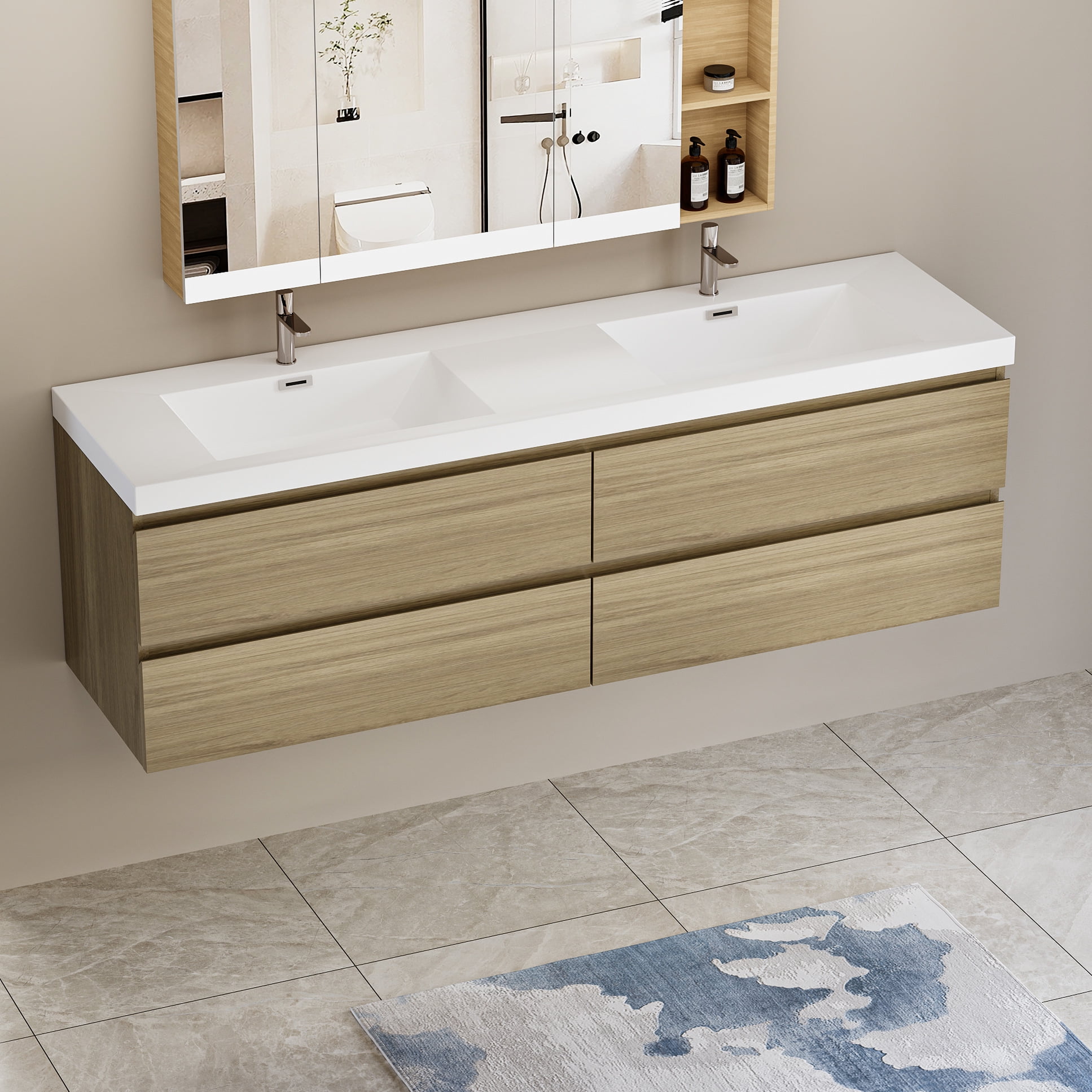 72" Floating Bathroom Vanity With Resin Sink. In Natural Oak. Two ...