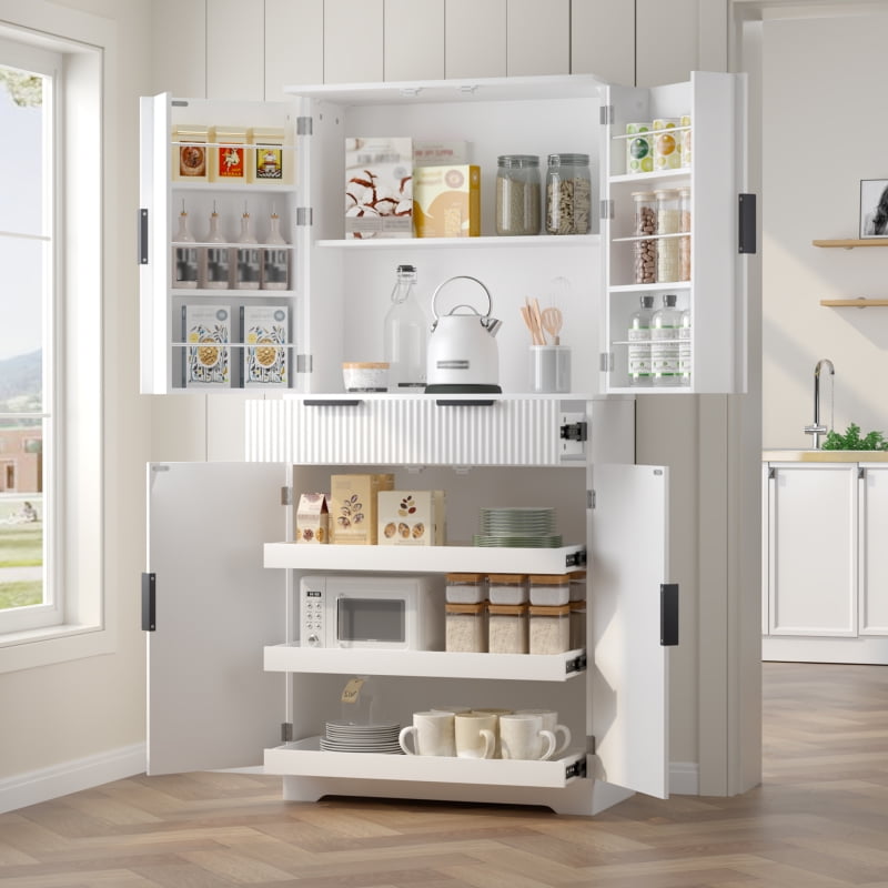 72" Fluted Kitchen Pantry Cabinet with 3 Keyboard Drawers & 6 Door ...
