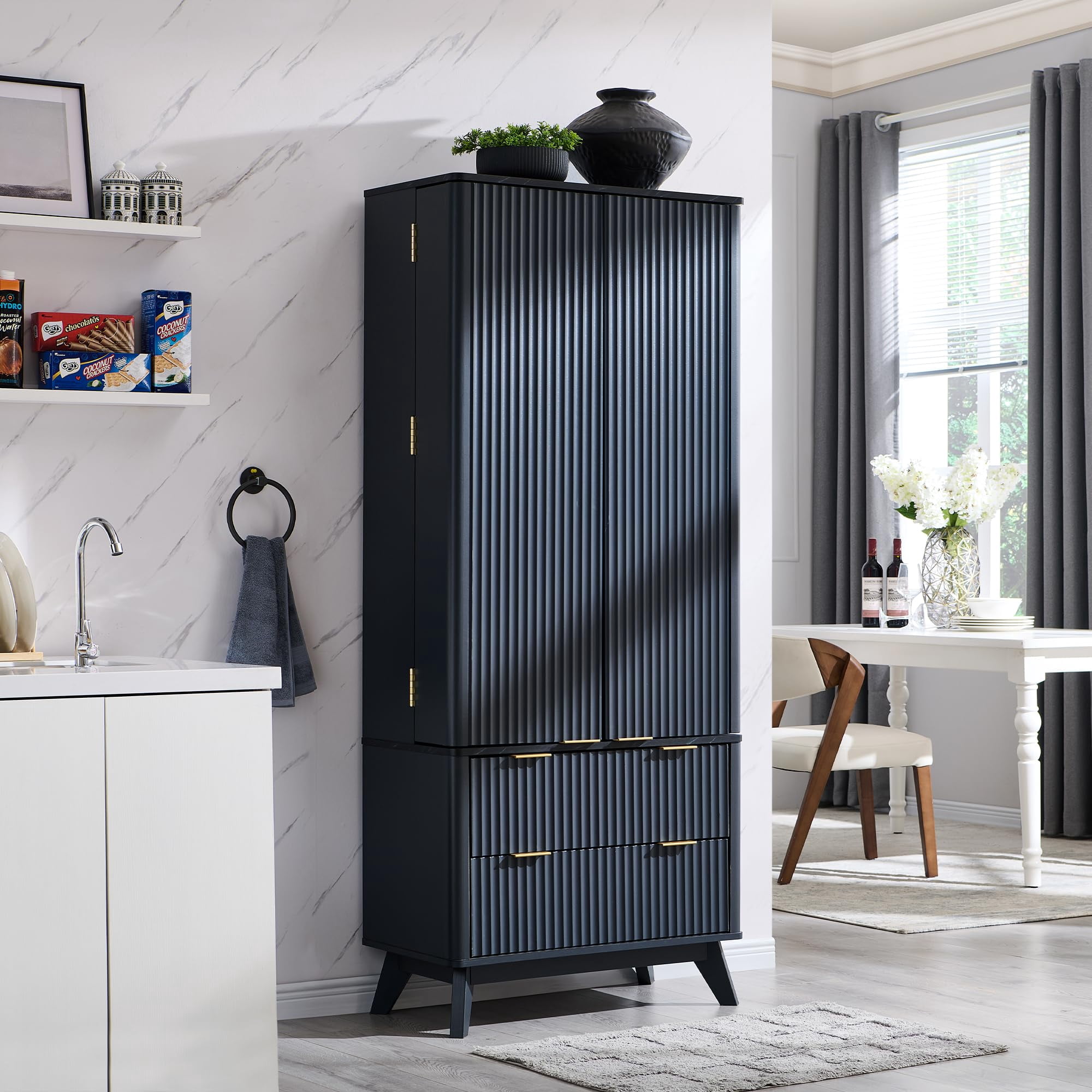 72" Fluted Kitchen Pantry Cabinet, Modern Tall Storage Hutch with 10 ...