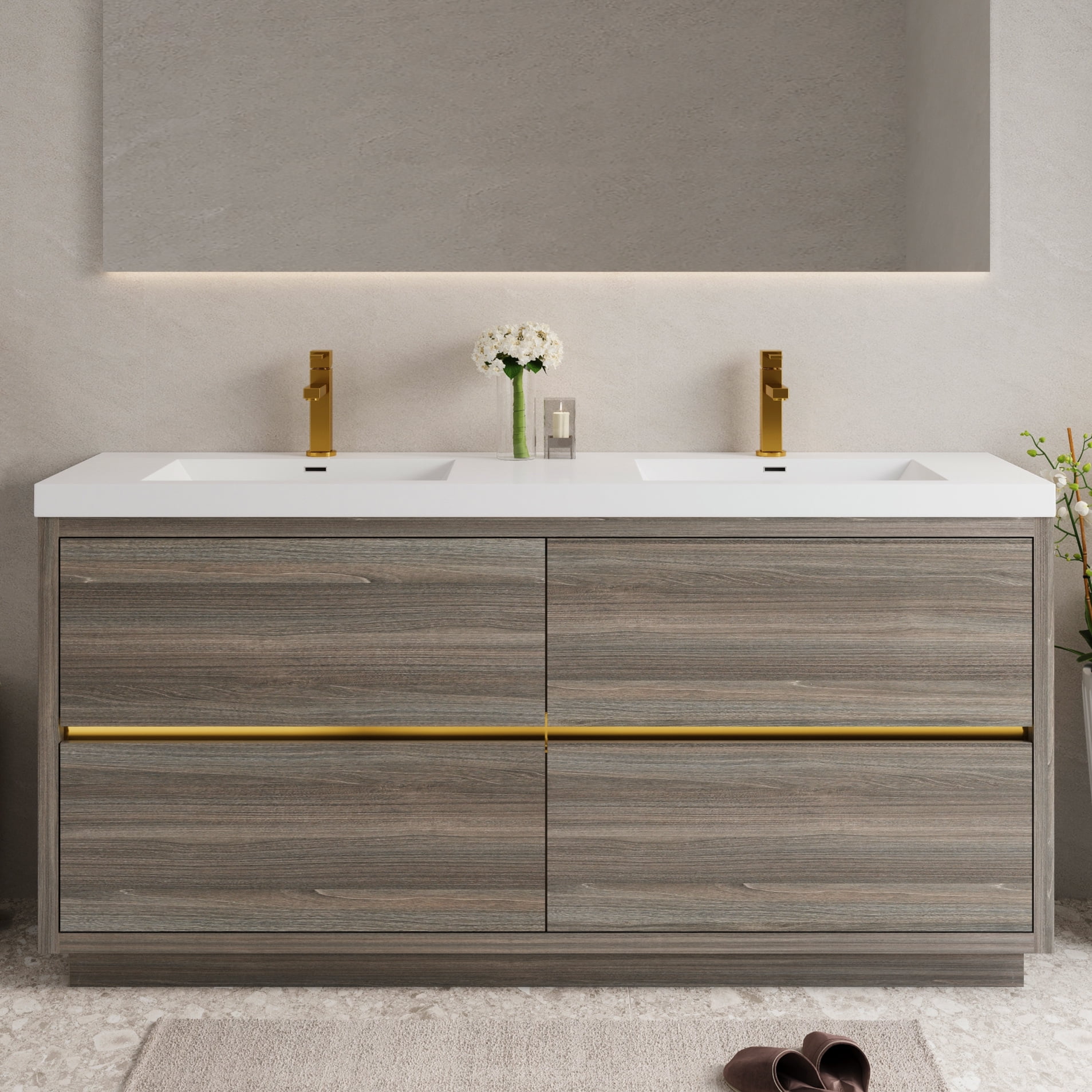 72" Freestanding Bathroom Sink Vanity. Ash Grey, Stone Resin Countertop ...