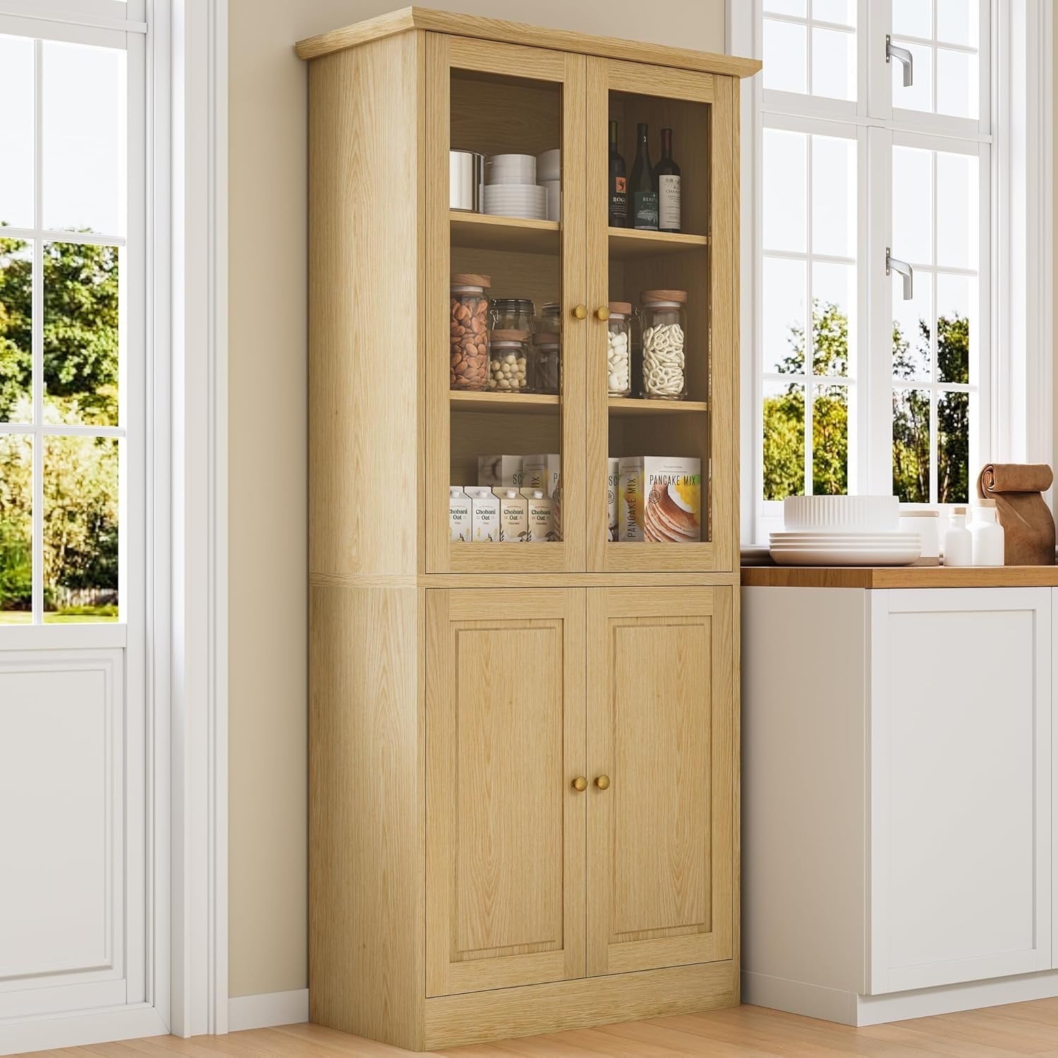 SELOOYE Kitchen Pantry Cabinet, 71" Modern Glass Display Cabinet with ...