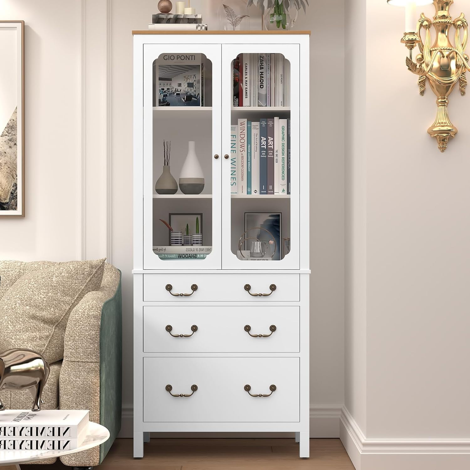 72" Freestanding Storage Cabinet, Glass-Door Cabinet with 3 Drawers ...
