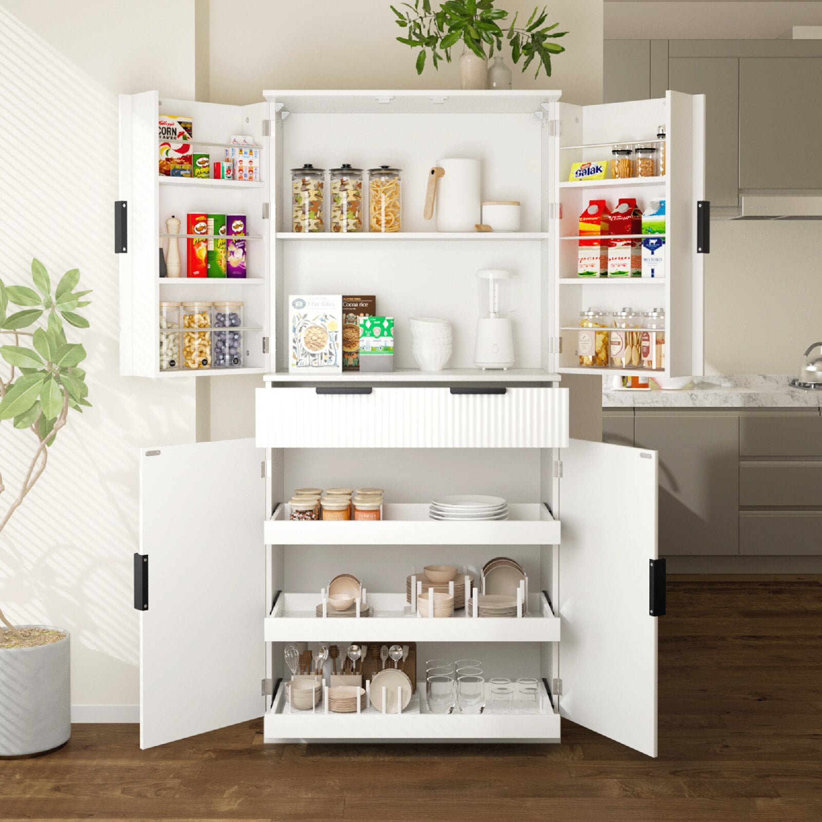 72"H Kitchen Pantry Cabinet with 3 Keyboard Drawers, Freestanding ...