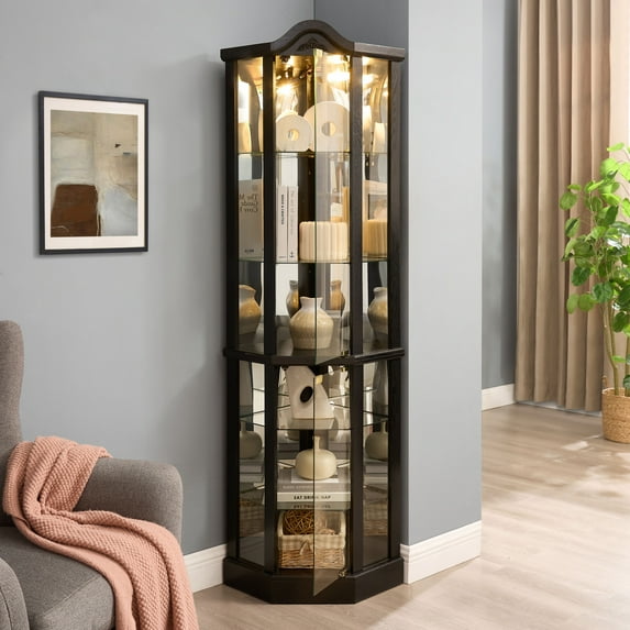 72" H Lighted Corner Curio Cabinet, Glass Display Cage with Tempered ...