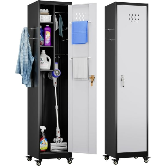 72''H Metal Broom Closet Storage Cabinet with Wheels & Pegboards, Mops ...