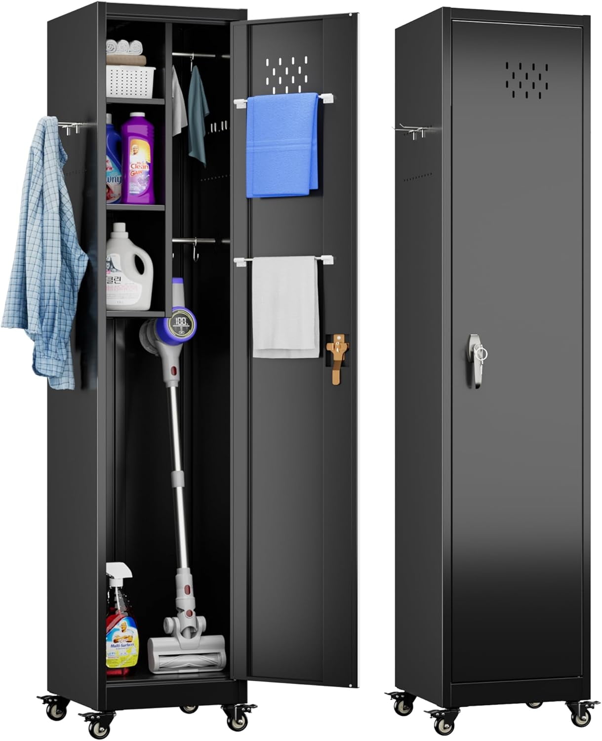 72''H Metal Broom Closet Storage Cabinet with Wheels & Pegboards, Mops ...