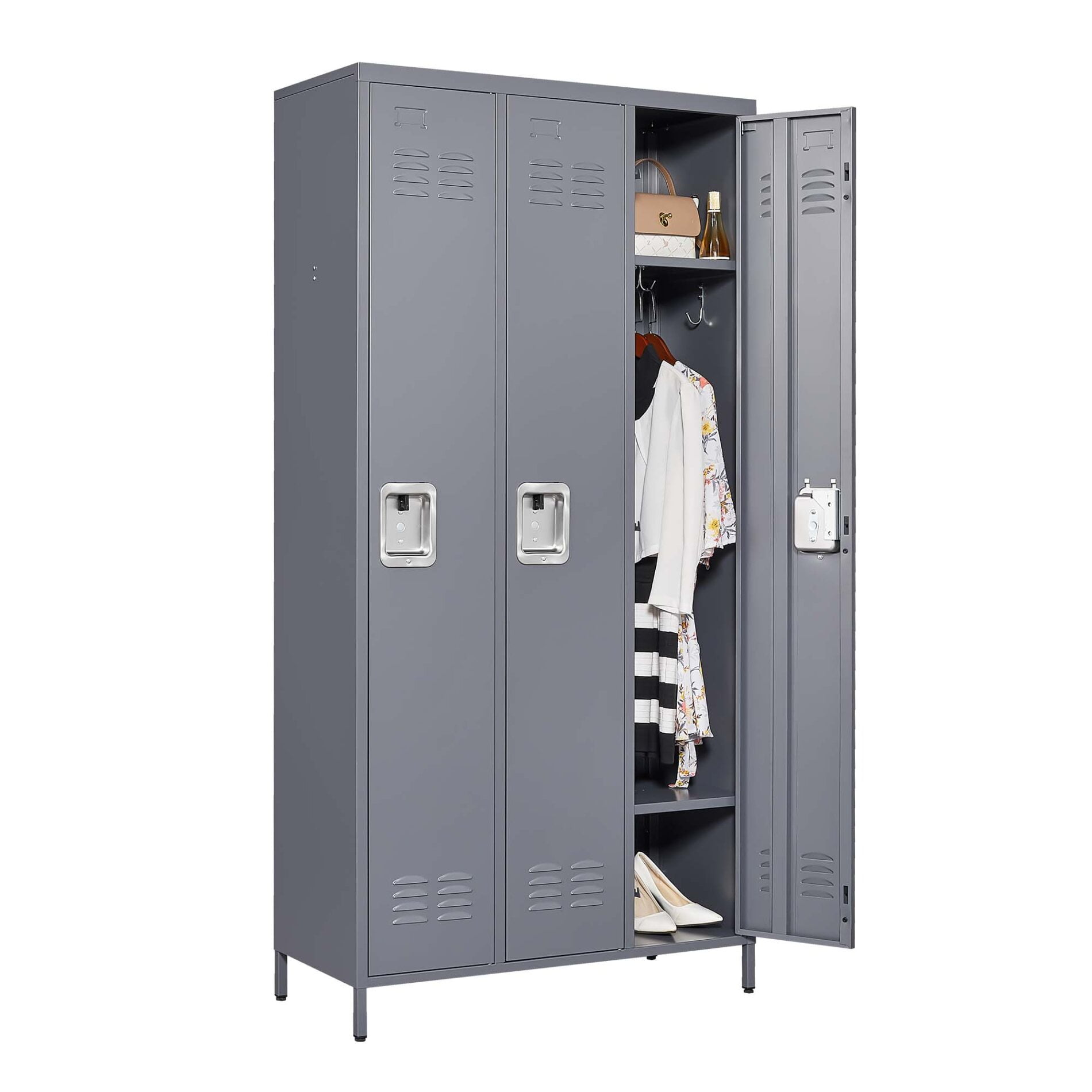 72"H Metal Storage Cabinet Locker with 3 Lockable Doors & Hanging Rods ...