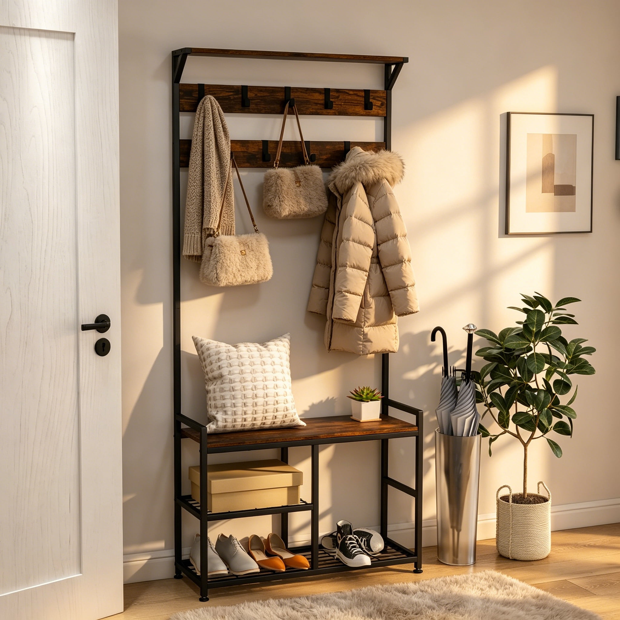 72" Hall Tree with Bench & Shoe Storage, 3-in-1 Coat Rack with 9 ...