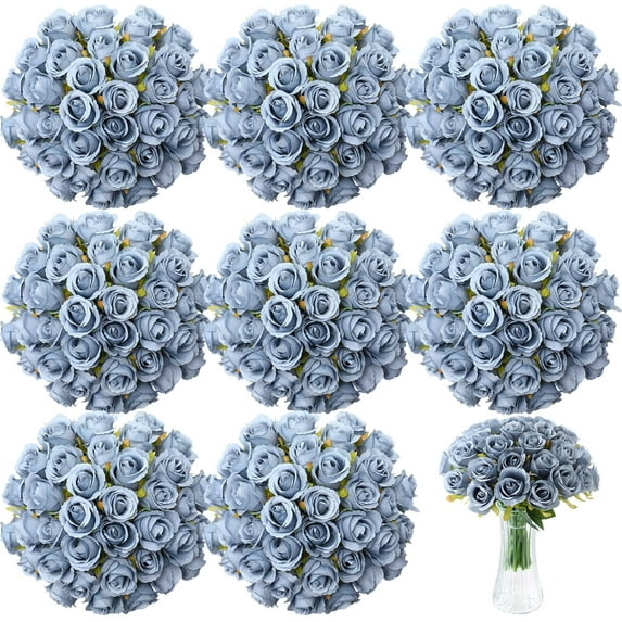 72 Heads Dusty Blue Artificial Rose Flowers 6 Bouquet Wedding ...