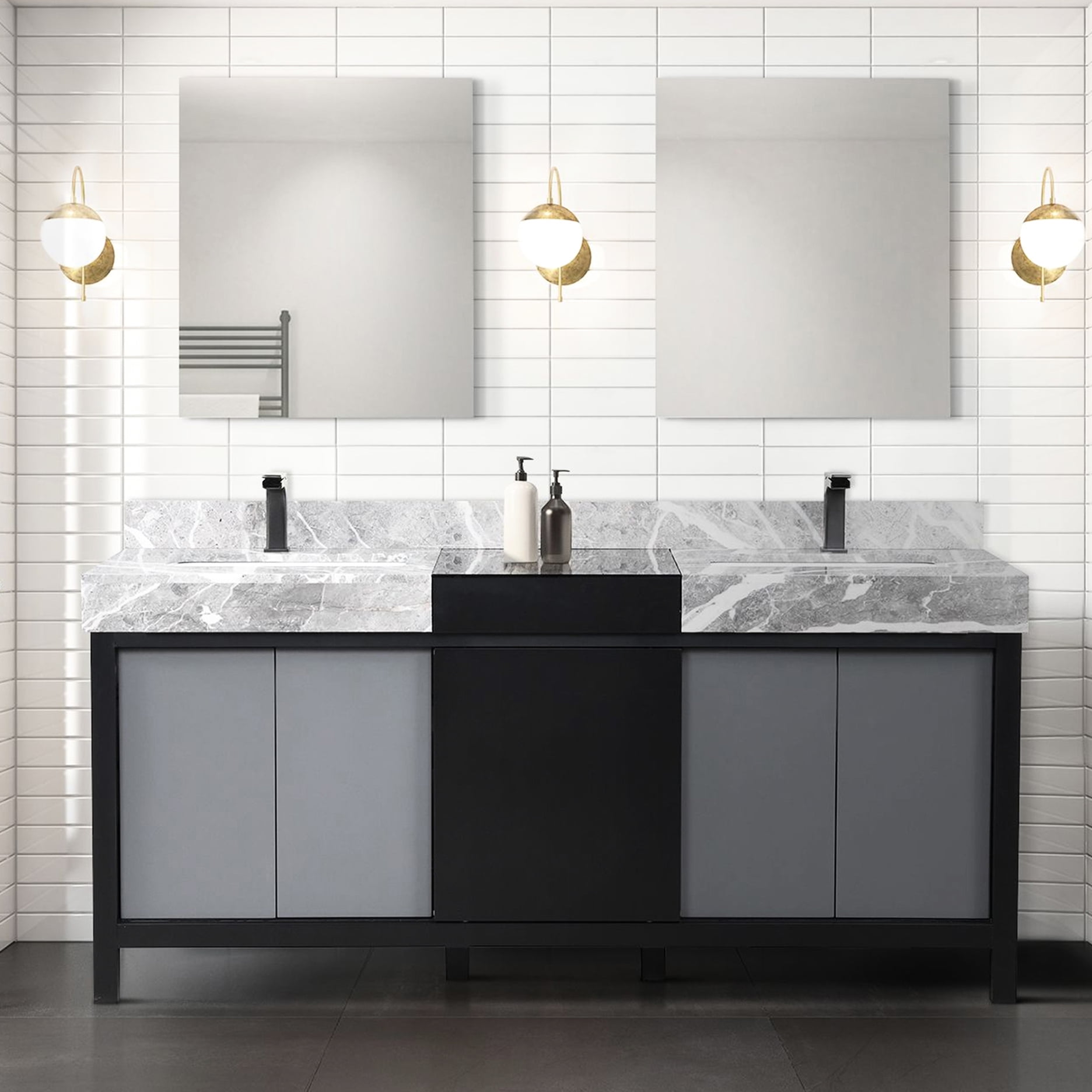 72 In. Black And Gray Bath Vanity With Grey Marble Top, Metal Faucet ...