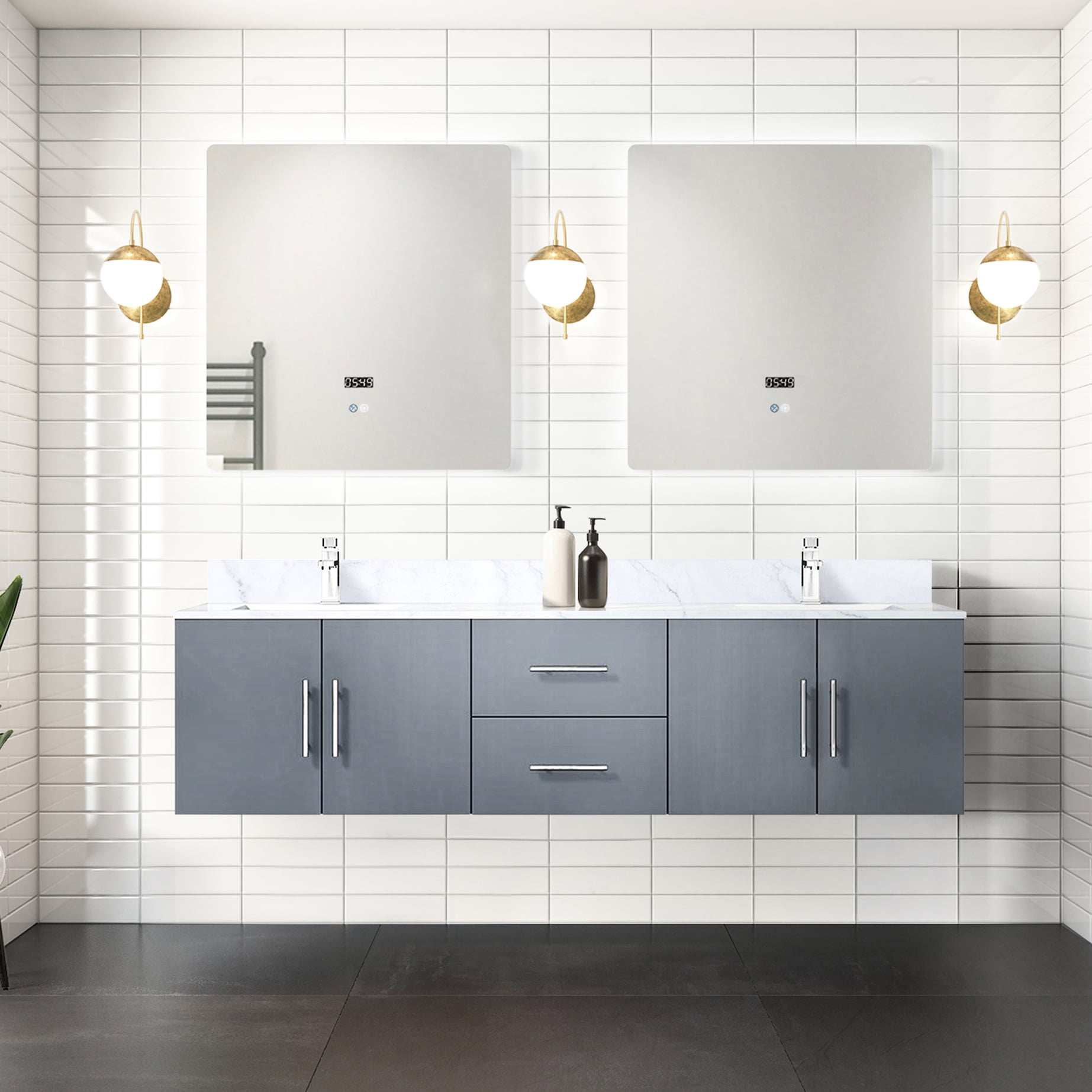 72 In. Double Bath Vanity In Dark Grey, Marble Top, Faucet , 30 Led ...