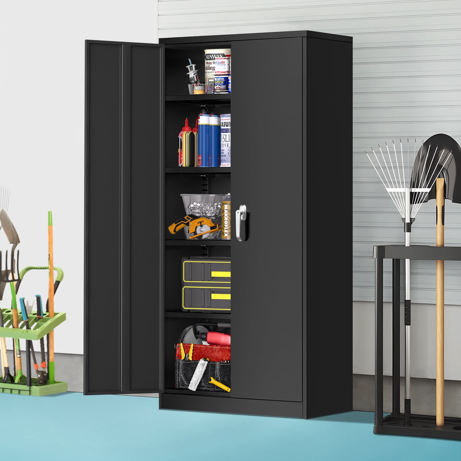72-Inch Metal Storage Cabinet with Lock, Adjustable Shelves for Garage ...
