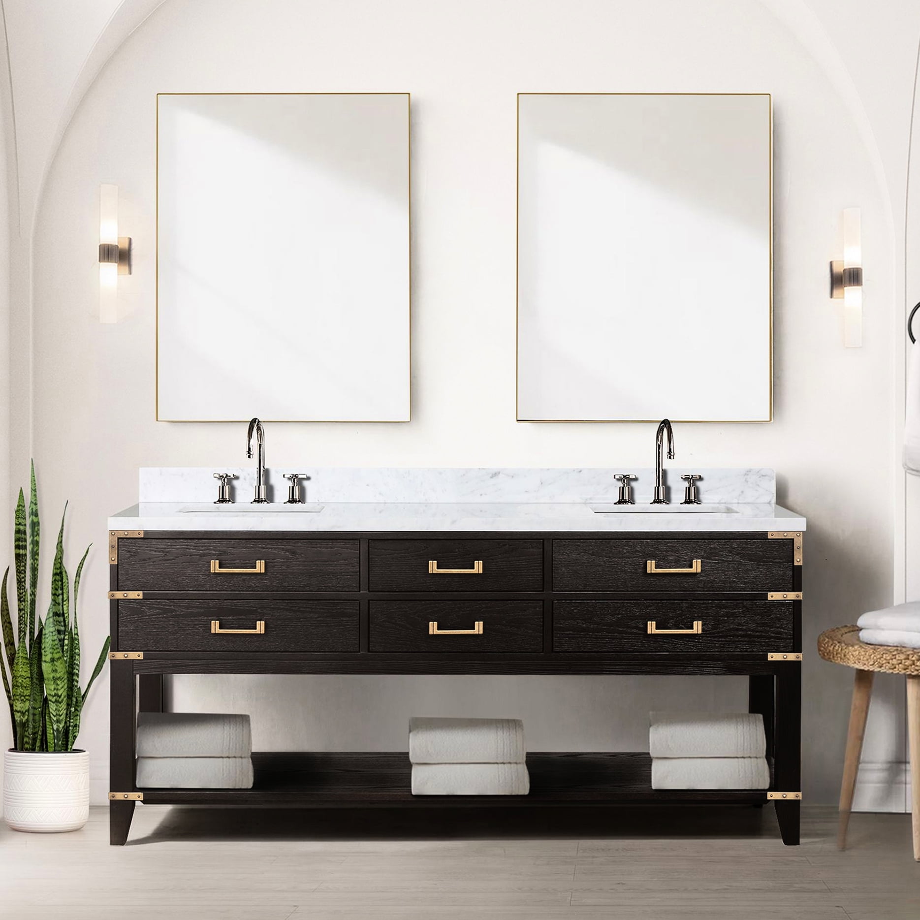 72 In. W X 22 D Double Bath Vanity In Brown Oak, Marble Top & Faucet ...