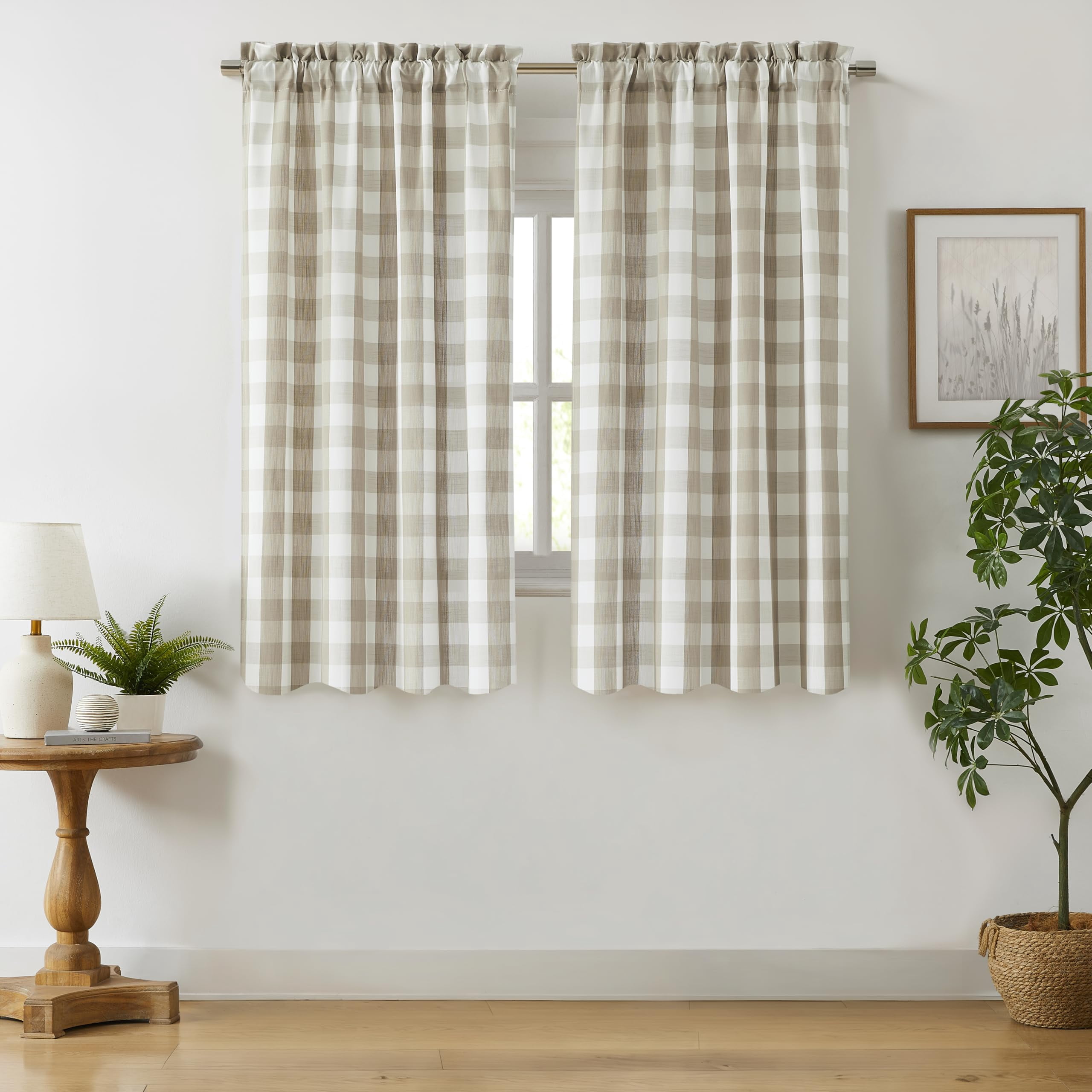 72 Inch Beige White Plaid Semi Sheer Curtacottstyle Window Drapes For ...