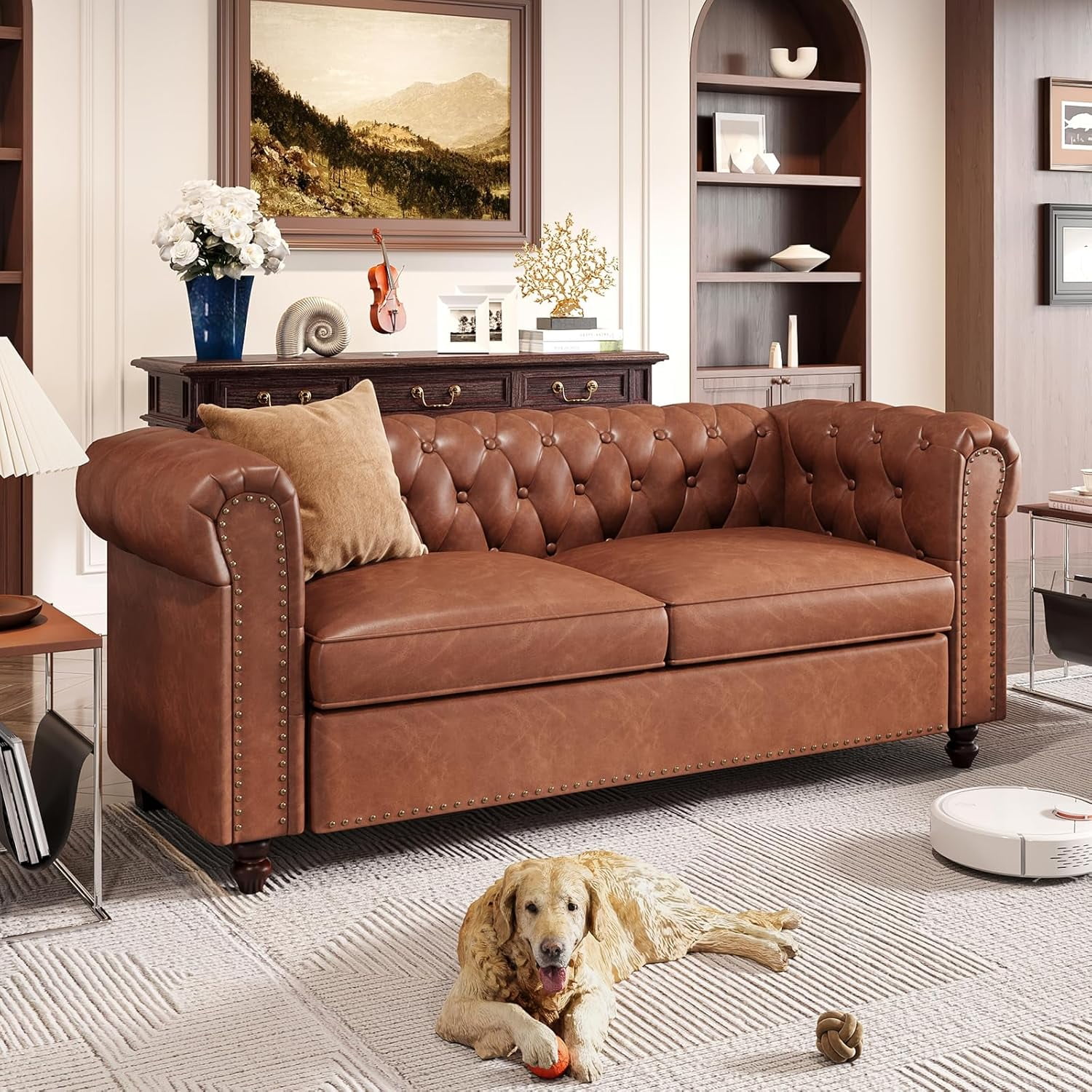 72 Inch Brown Couch, Chesterfield Faux Leather Sofa with Wooden Legs ...