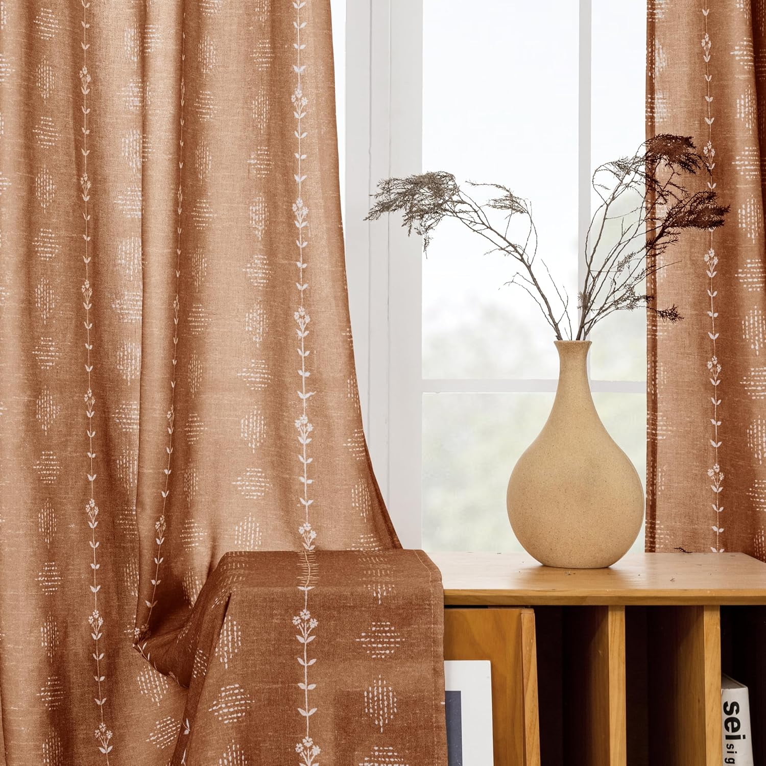 72 Inch Curtains, Sheer Semi Light Filtering Linen Terracotta Rust Boho ...
