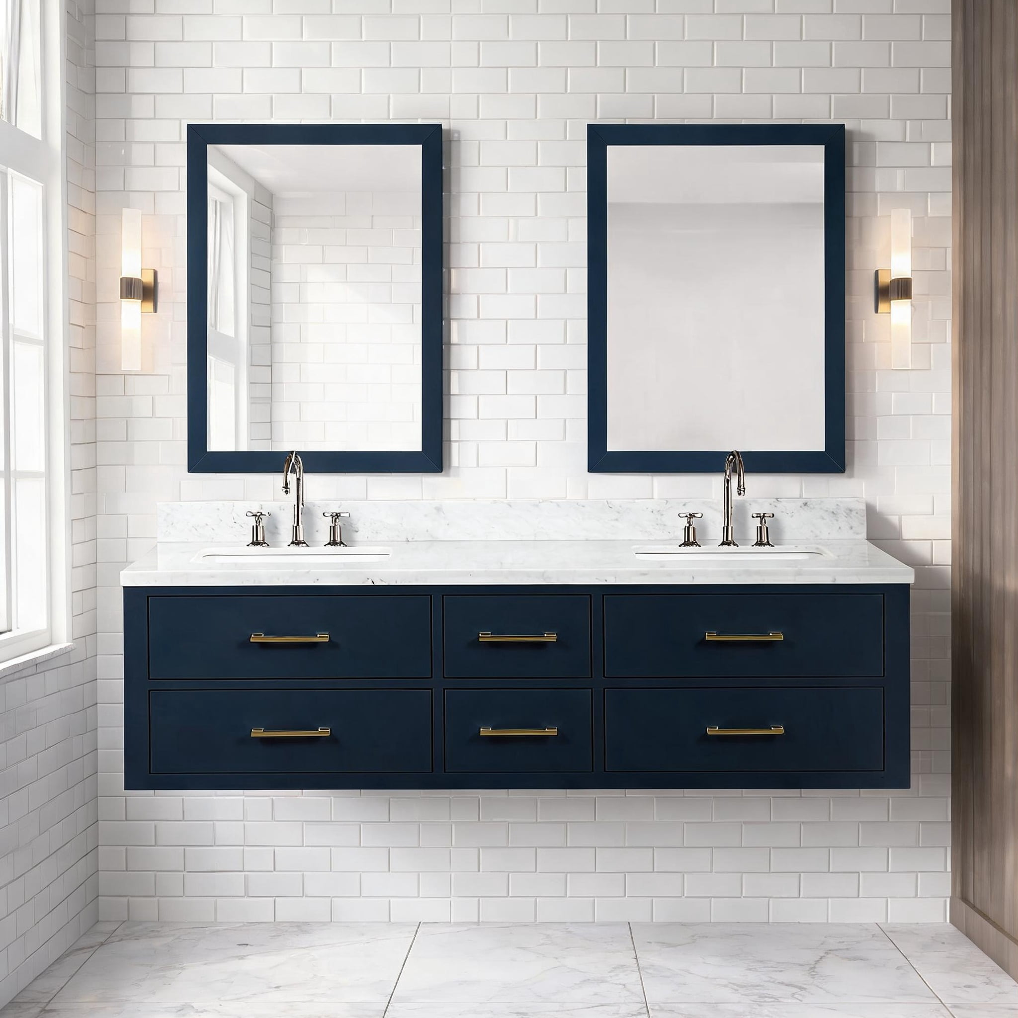 72 Inch Double Bathroom Vanity, Classic Blue Solid Wood With Carrara ...