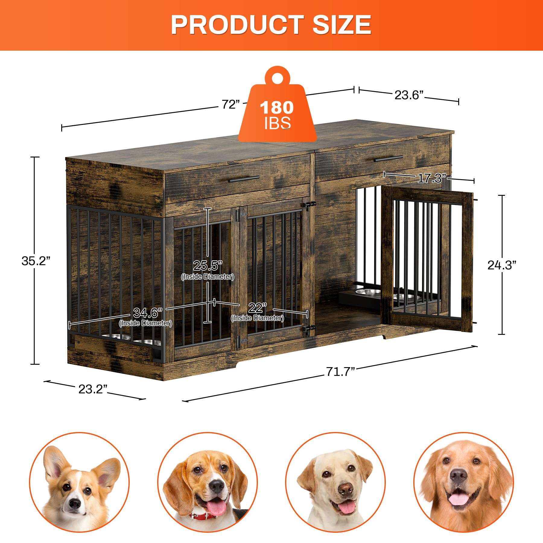 72 Inch Double Dog Crate Furniture with Storage Drawers, Wooden Kennel ...