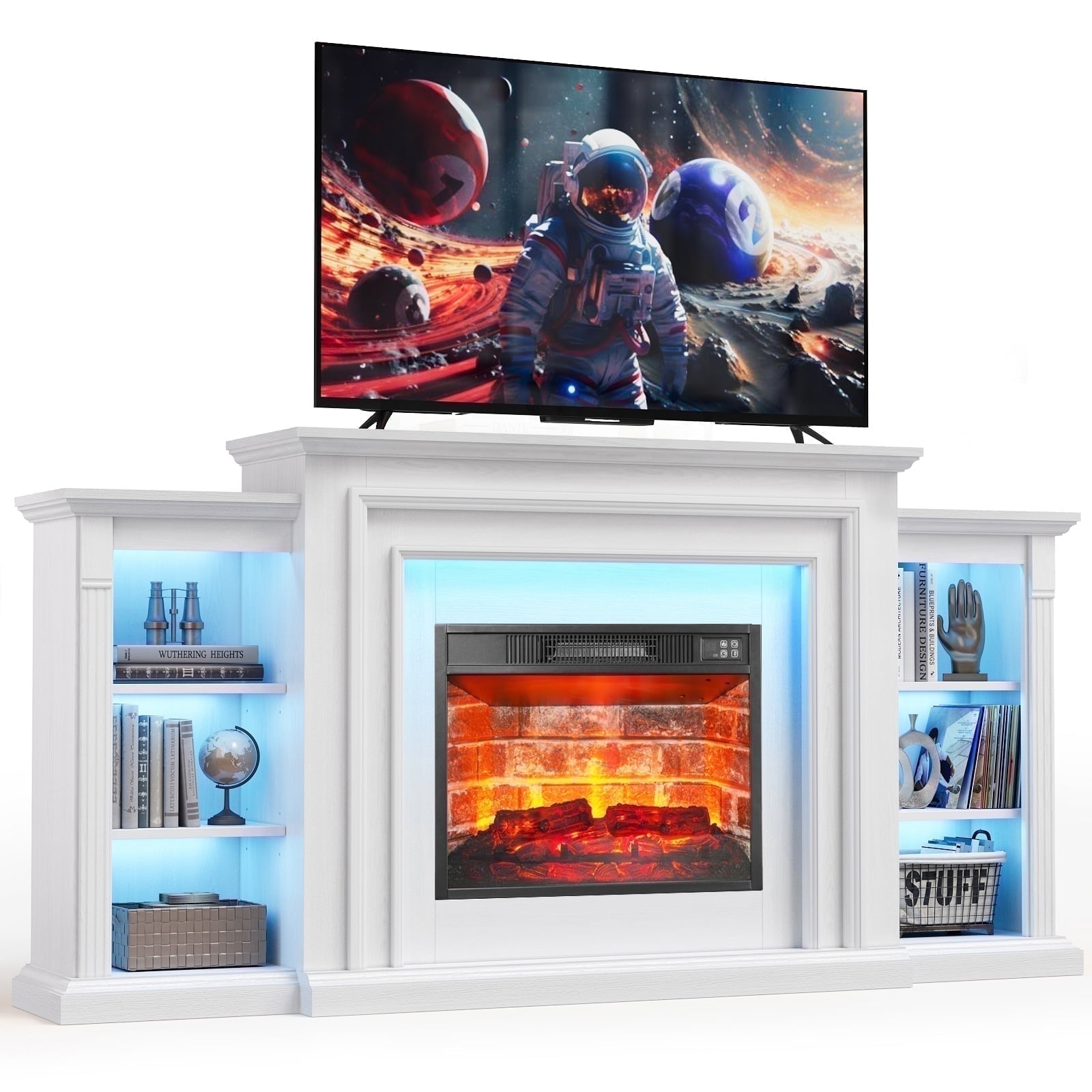 72-Inch Electric Fireplace TV Stand with Mantel, White Entertainment ...