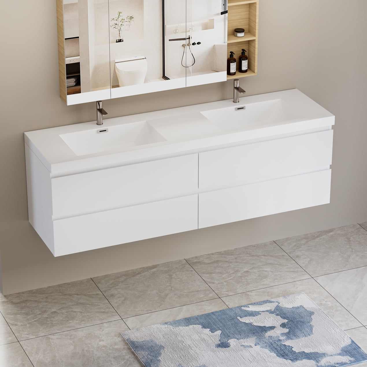 72-Inch Floating Bathroom Vanity with Dual Resin Basins, 4 Soft-Close ...