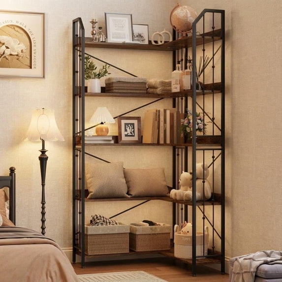 72 Inch Industrial L-Shaped Corner Bookshelf, 5-Tier Tall Bookcase with ...