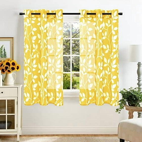 72 Inch Length Yellow Curtains for Living Room 2 Panels Sheer Leaf ...