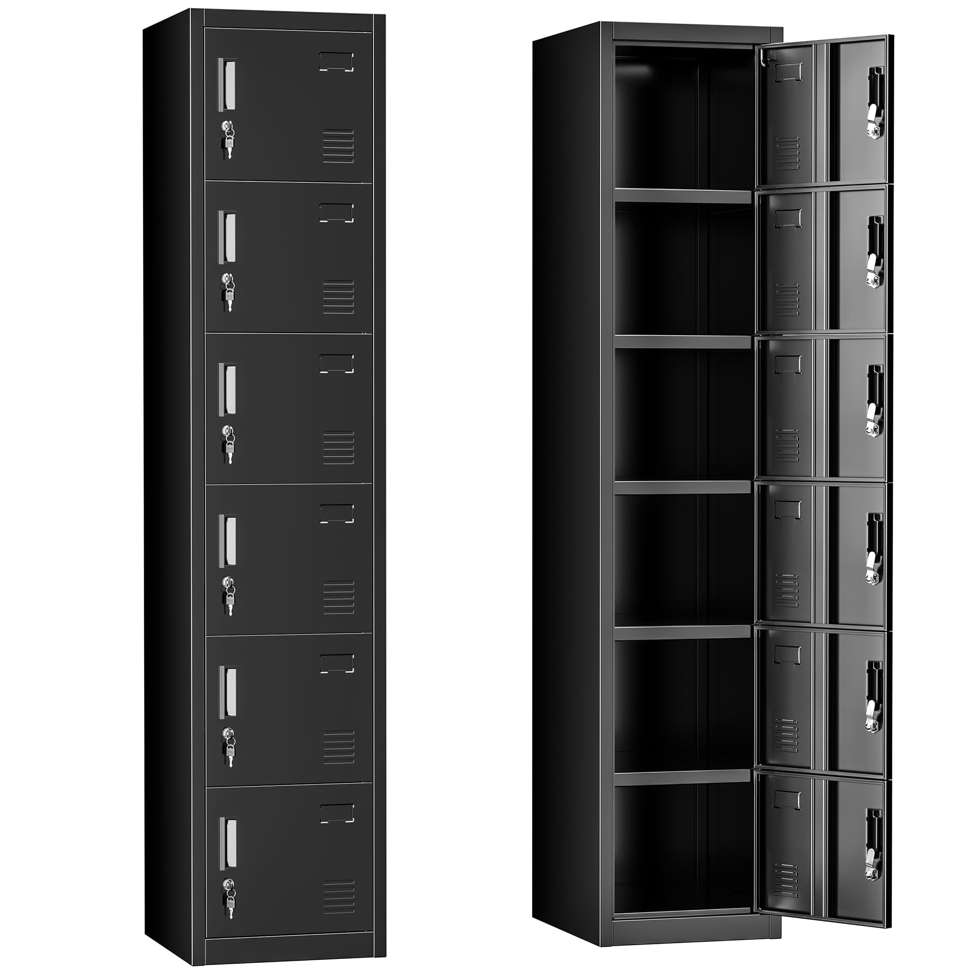 72 Inch Metal Locker with 6 Doors and Keys, Black Steel Storage Locker for Gym School Office ...