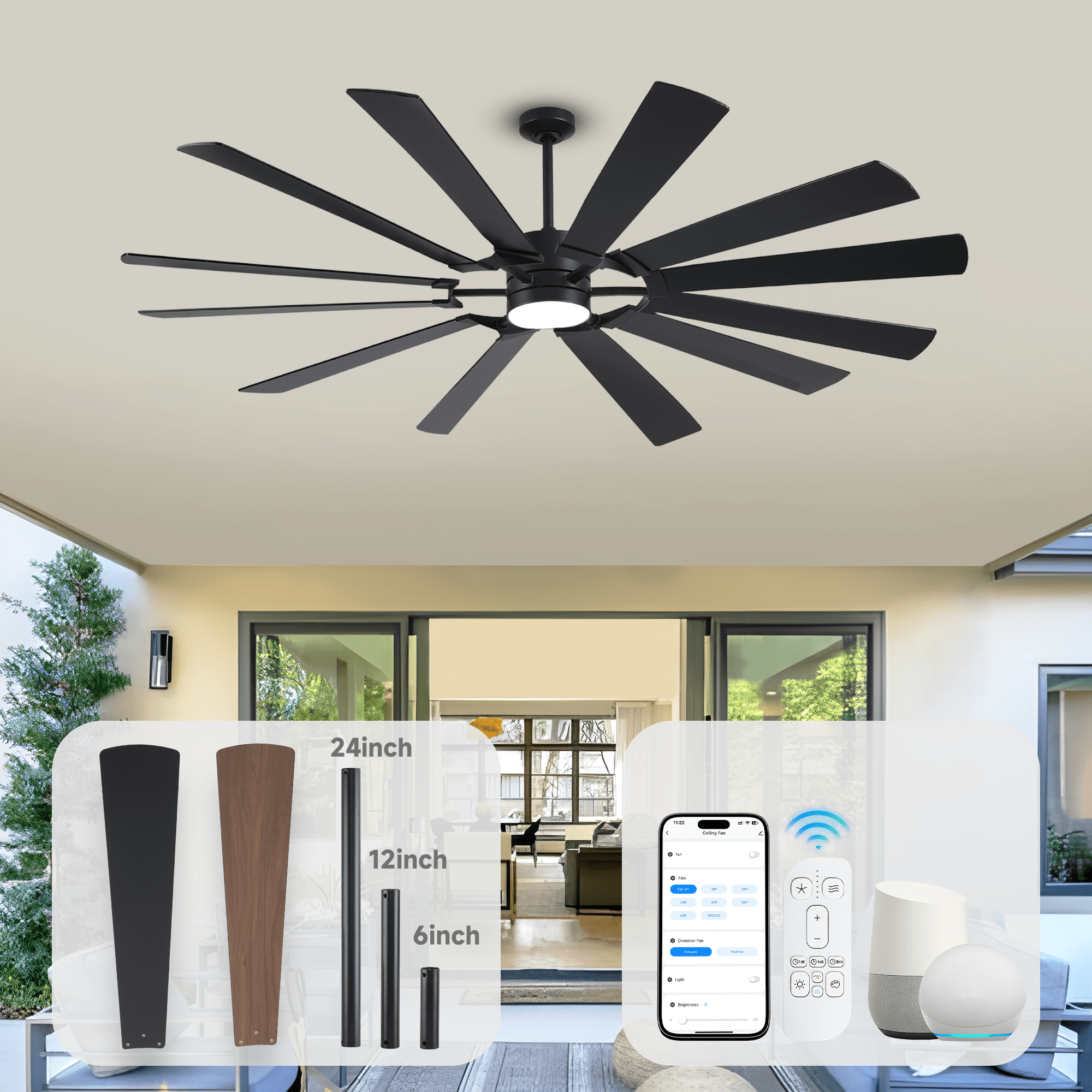 72 Inch Outdoor Ceiling Fan with Light Remote Control, Dual Finish 12 ...