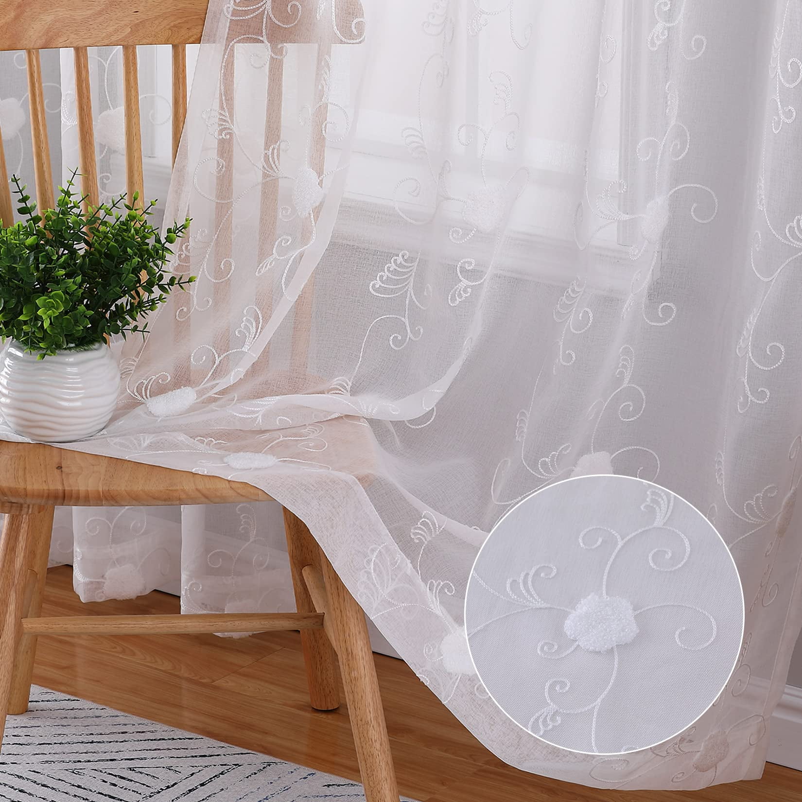 72 Inch Sheers for Windows Curtains, White Floral Embroidered Semi ...