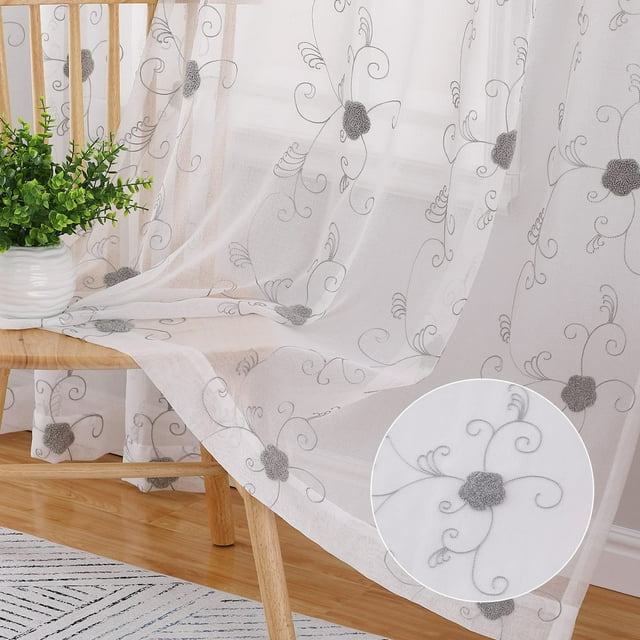 72 Inch Sheers for Windows Curtains, White Floral Embroidered Semi ...