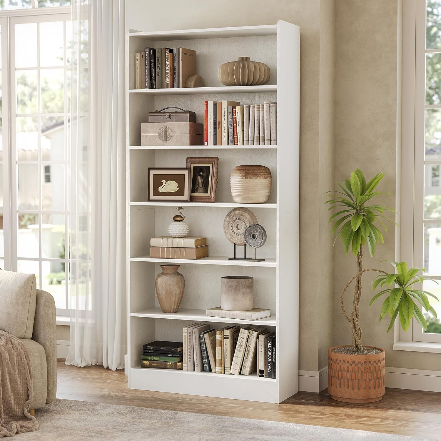 72-Inch Tall Bookcase, 7-Tier White Wooden Large Bookshelf, Wide ...