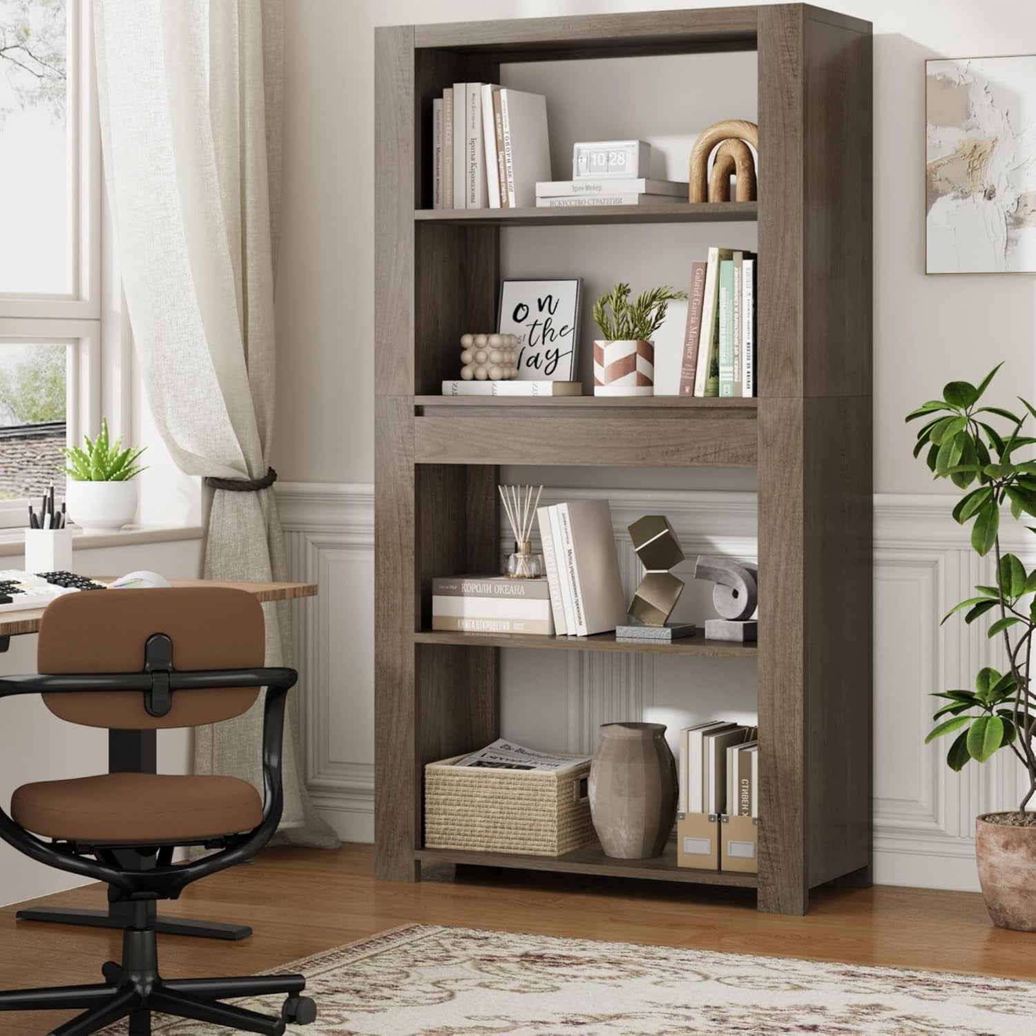 72 Inch Vintage Bookshelf,4-Tier Bookcase with Open Storage Shelf&1 ...
