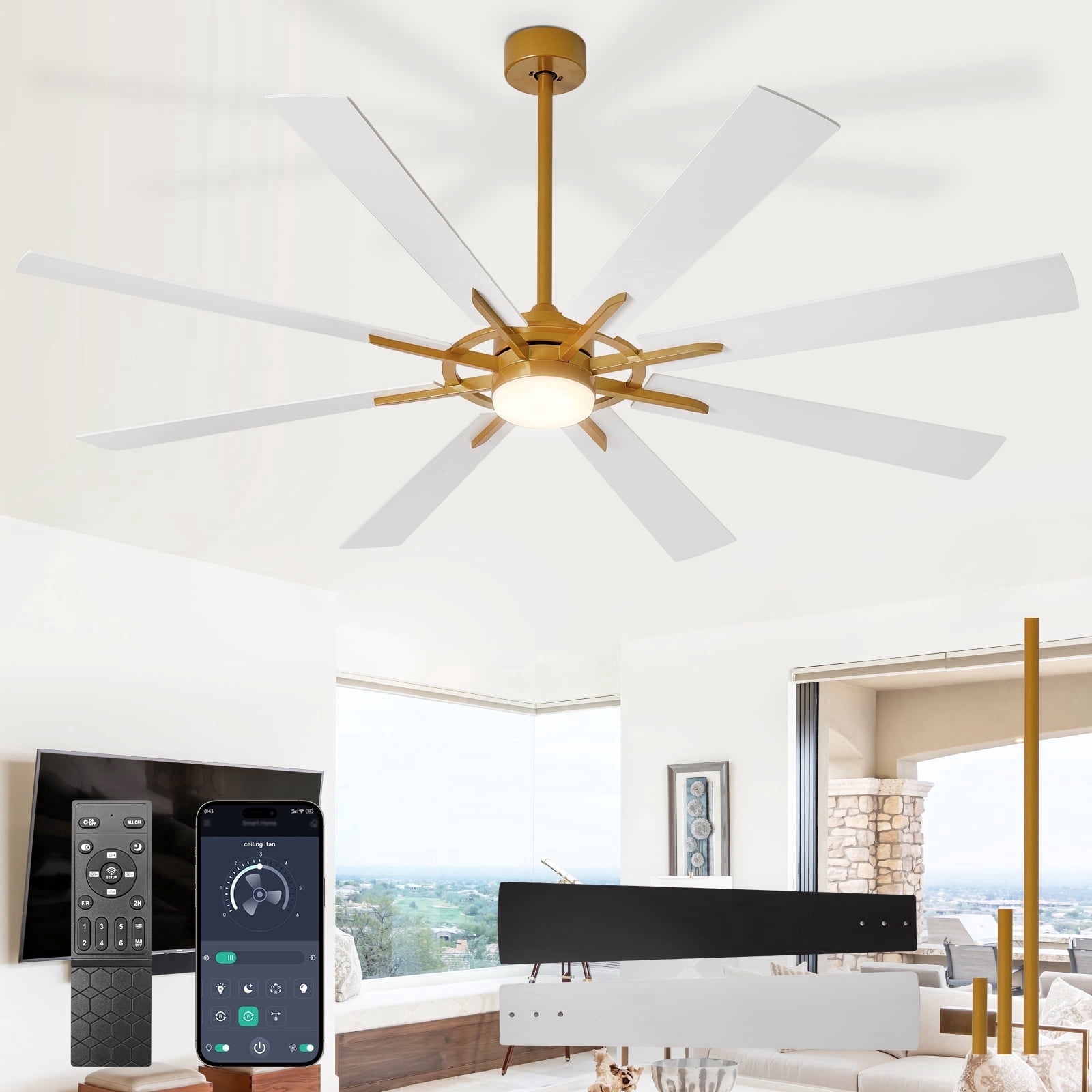 Depuley 72-Inch White ＆ Black Ceiling Fan with Light，8 Blades Hanging ...