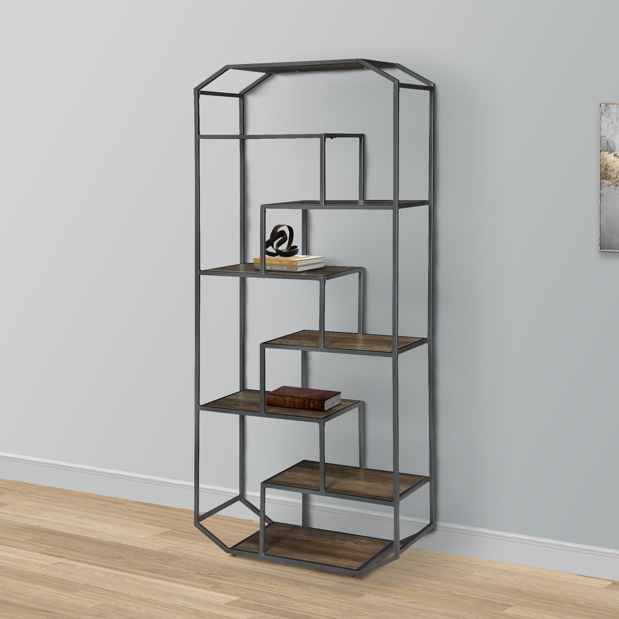 72 Inch Wood Bookcase, Geometric Metal Frame, 7 Shelves, Gray, Brown ...