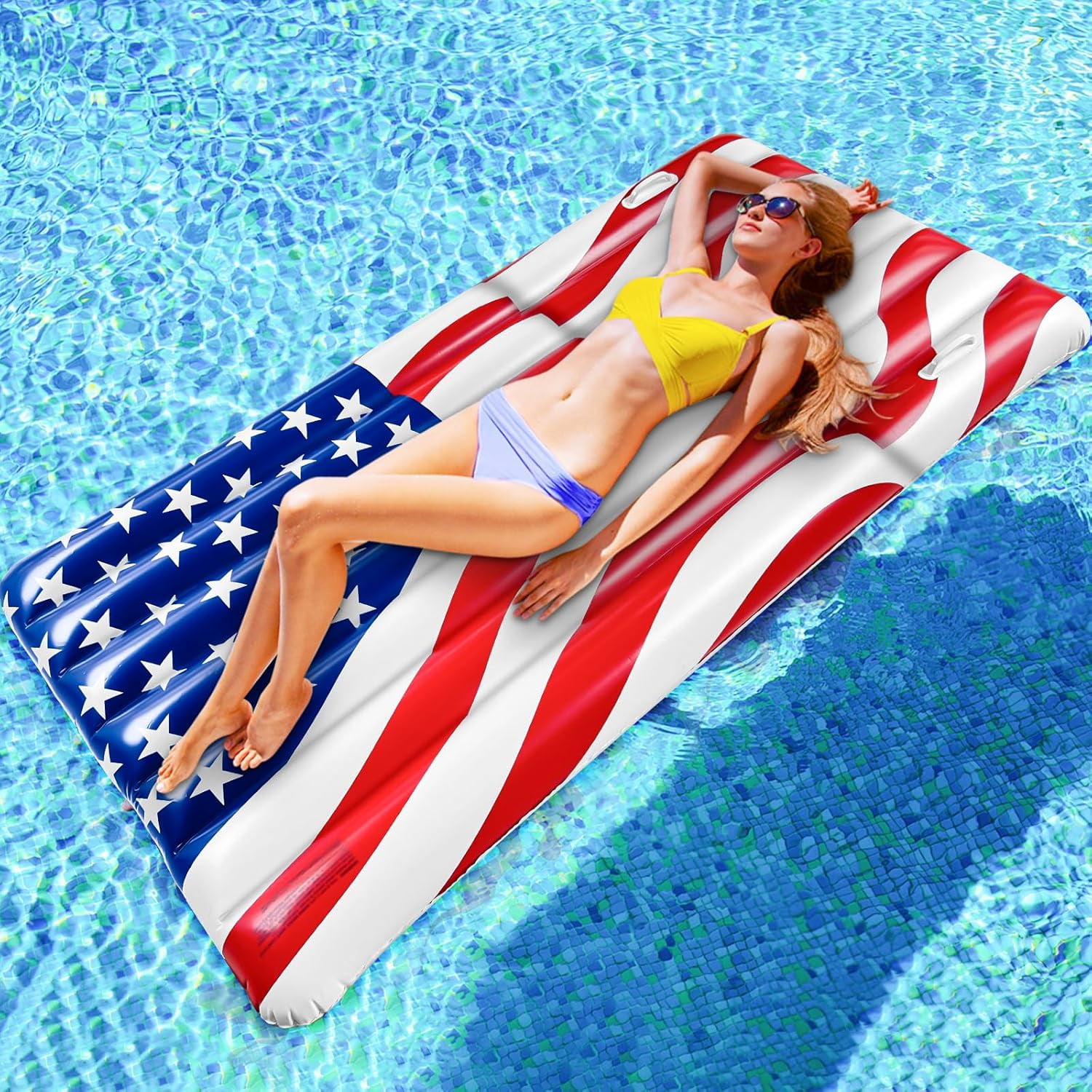 72" Inflatable American Flag Pool Floats Adults, Inflatable Tanning Pool Raft with Patriotic US ...