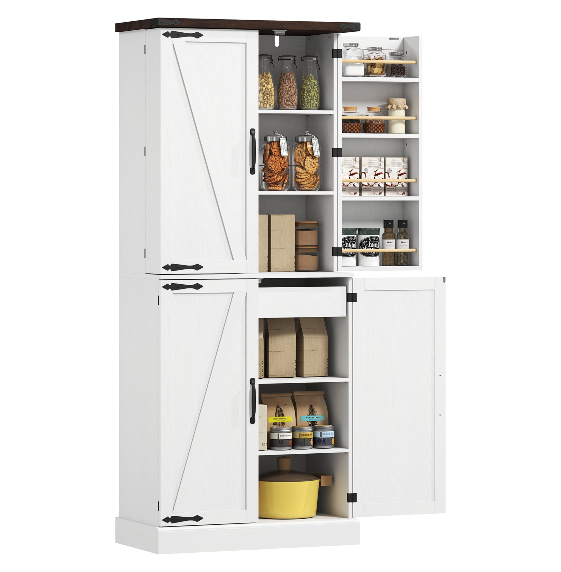 72" Kitchen Pantry Cabinet, Farmhouse Storage Cabinet with Door Racks ...