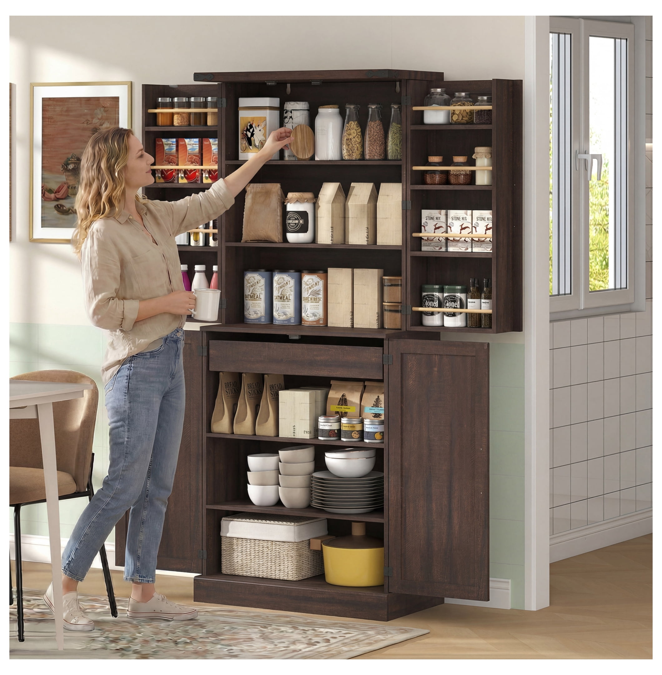 72" Kitchen Pantry Cabinet, Farmhouse Storage with Door Racks ...