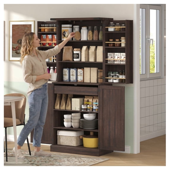 72" Kitchen Pantry Cabinet, Farmhouse Storage with Door Racks ...