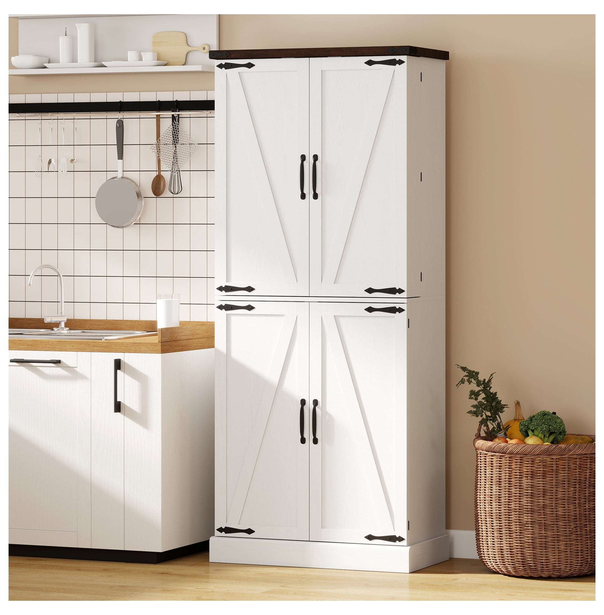 72" Kitchen Pantry Cabinet, Farmhouse Storage with Door Racks ...