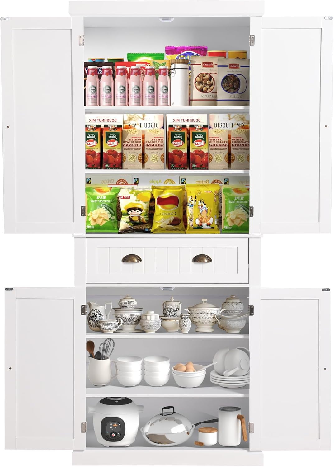 72" Kitchen Pantry Cabinet, Freestanding Storage Cabinet with 4 Doors ...