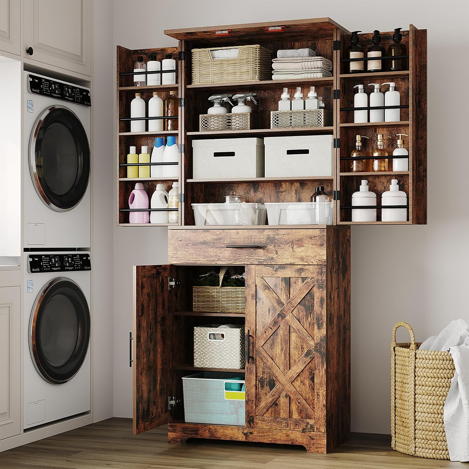 72" Kitchen Pantry Storage Cabinet, Tall Pantry Cabinet with Barn Doors ...