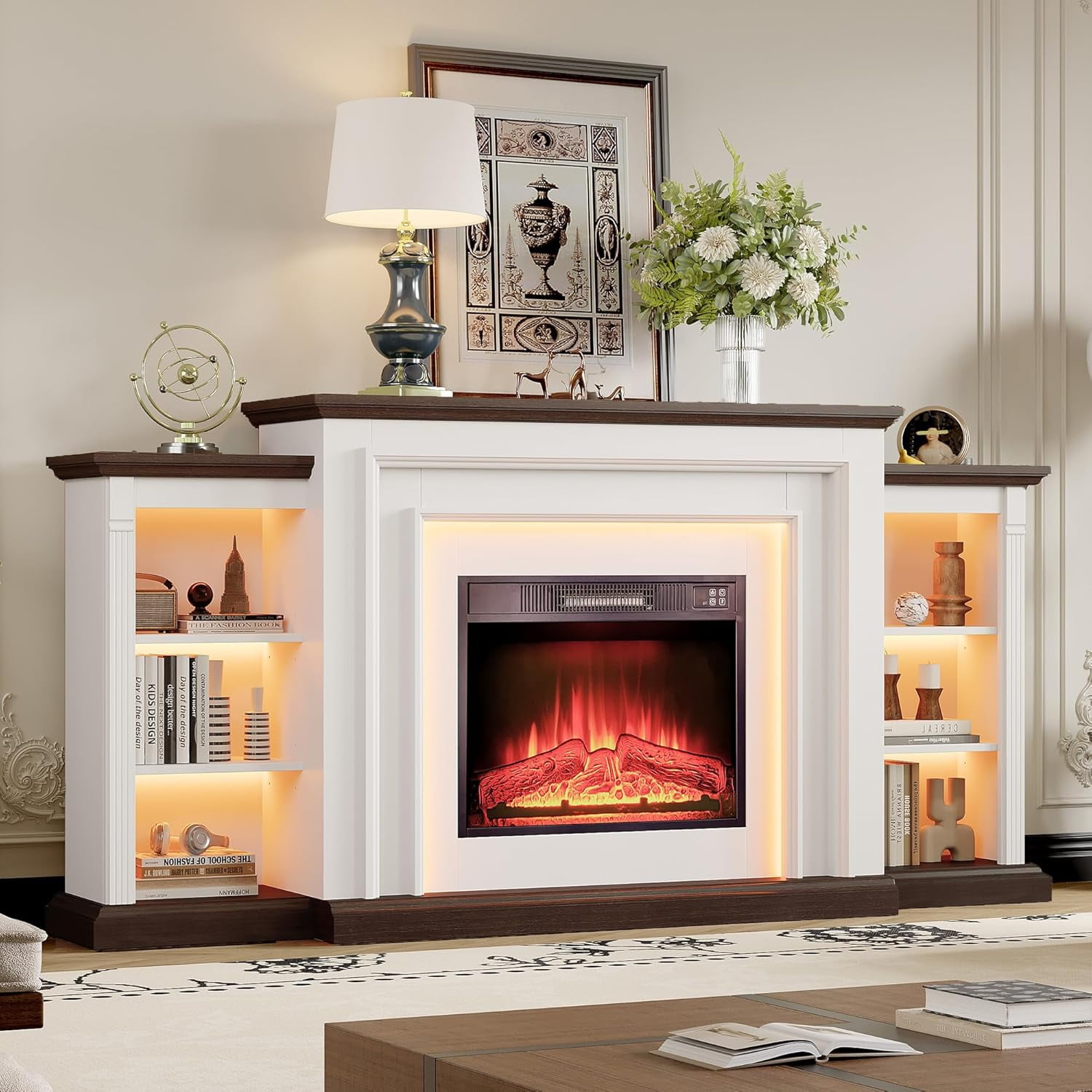 72" LED Electric Fireplace with Mantel, Fireplace TV Stand for 80 Inch ...
