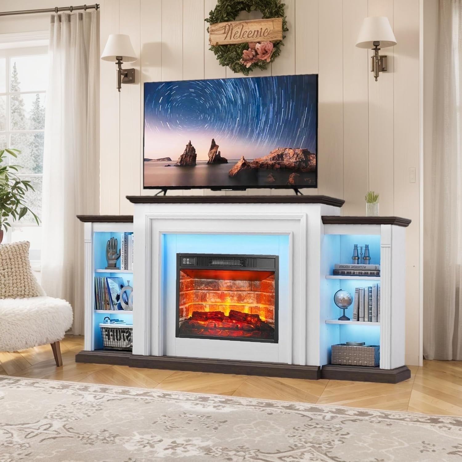 72" LED Electric Fireplace with Mantel and Cabinets, Fireplace TV Stand ...