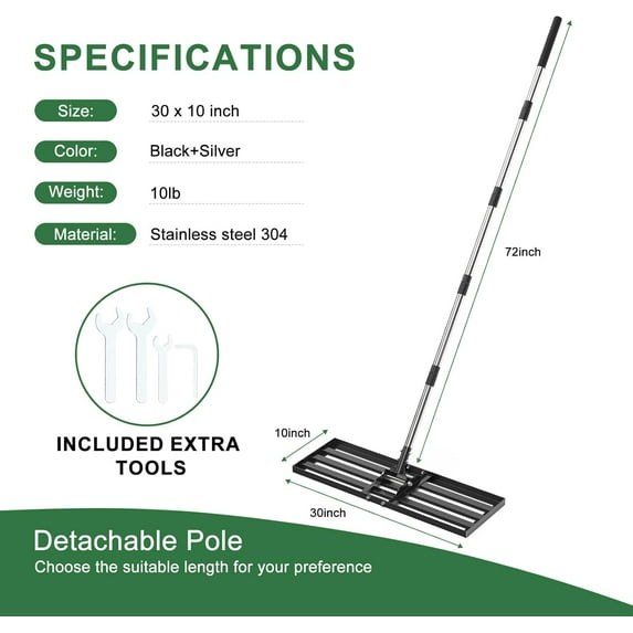 72" Lawn Leveling Rake - 30x10 inch Lawn Leveler Tool with Stainless ...