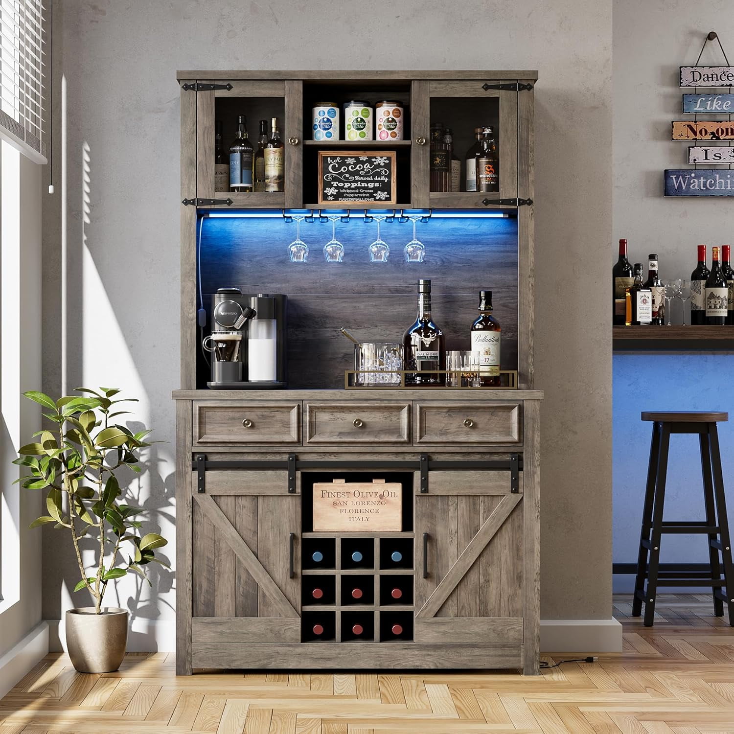 72" Modern Farmhouse Coffee Bar Cabinet with LED Lights & Power Outlets, Sliding Barn Doors ...