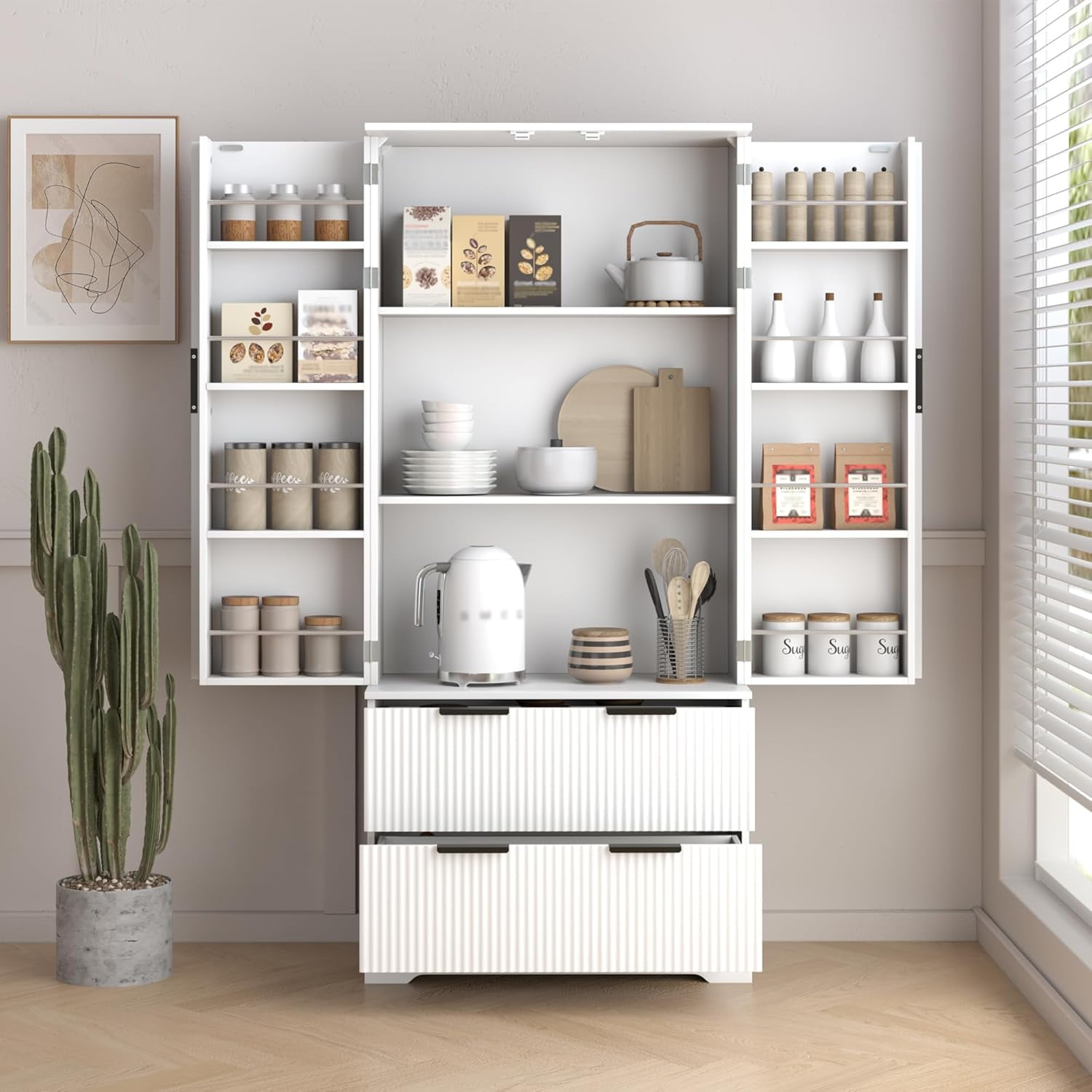72" Modern Fluted Kitchen Pantry Cabinet with Build-in Door Shelves & 2 ...