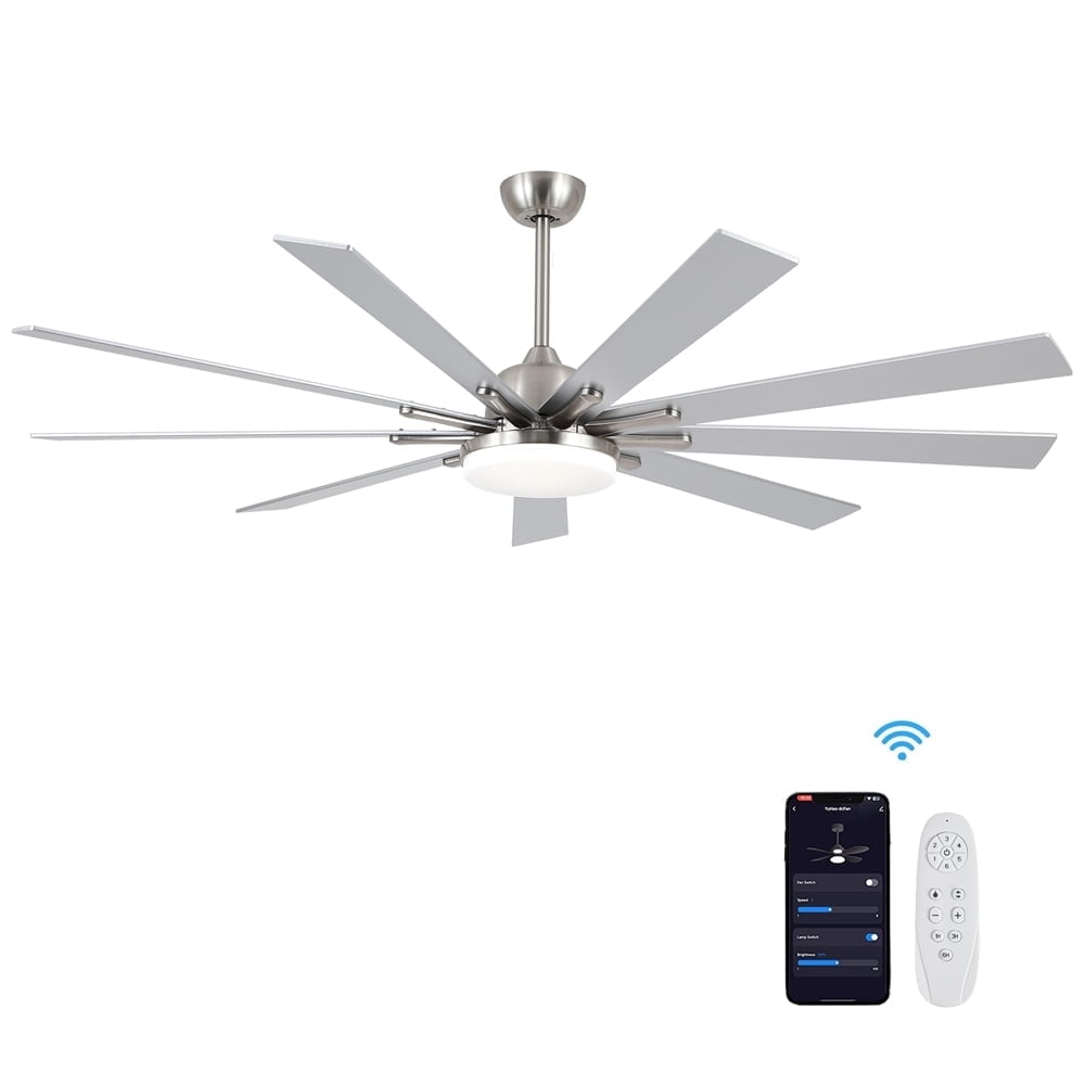 72" Modern Large Smart LED Ceiling Fan w/Light & Remote Indoor Nickel ...