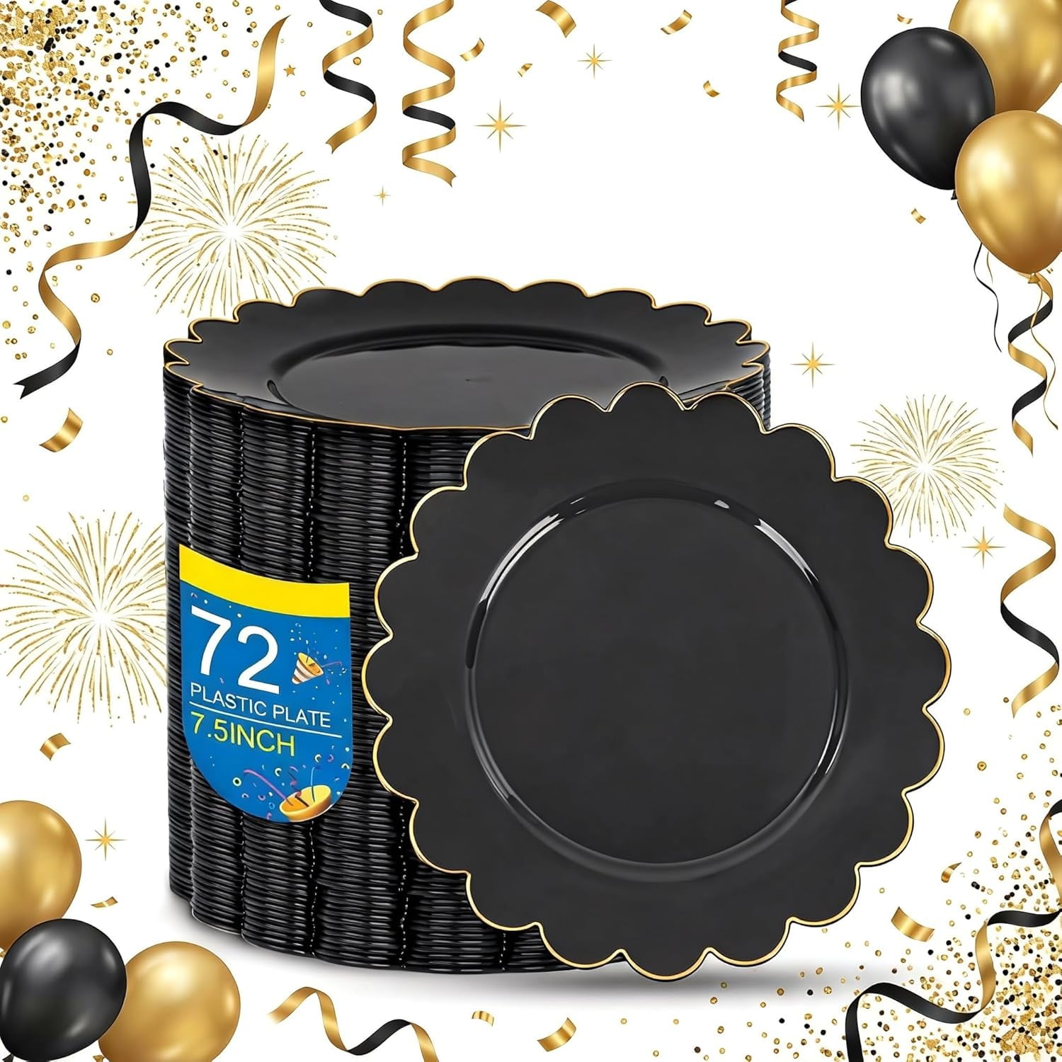 72 PCS Black Plates,Black Plastic Plates with Gold Rim, plastic Plate ...