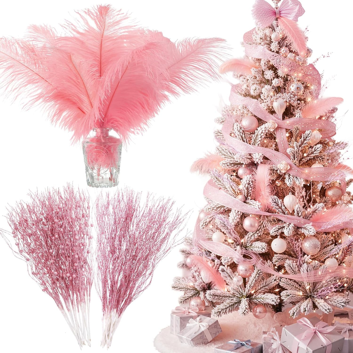 72 Pack Pink Christmas Tree Decoration Set, 36 Pcs 17 Inch Artificial ...